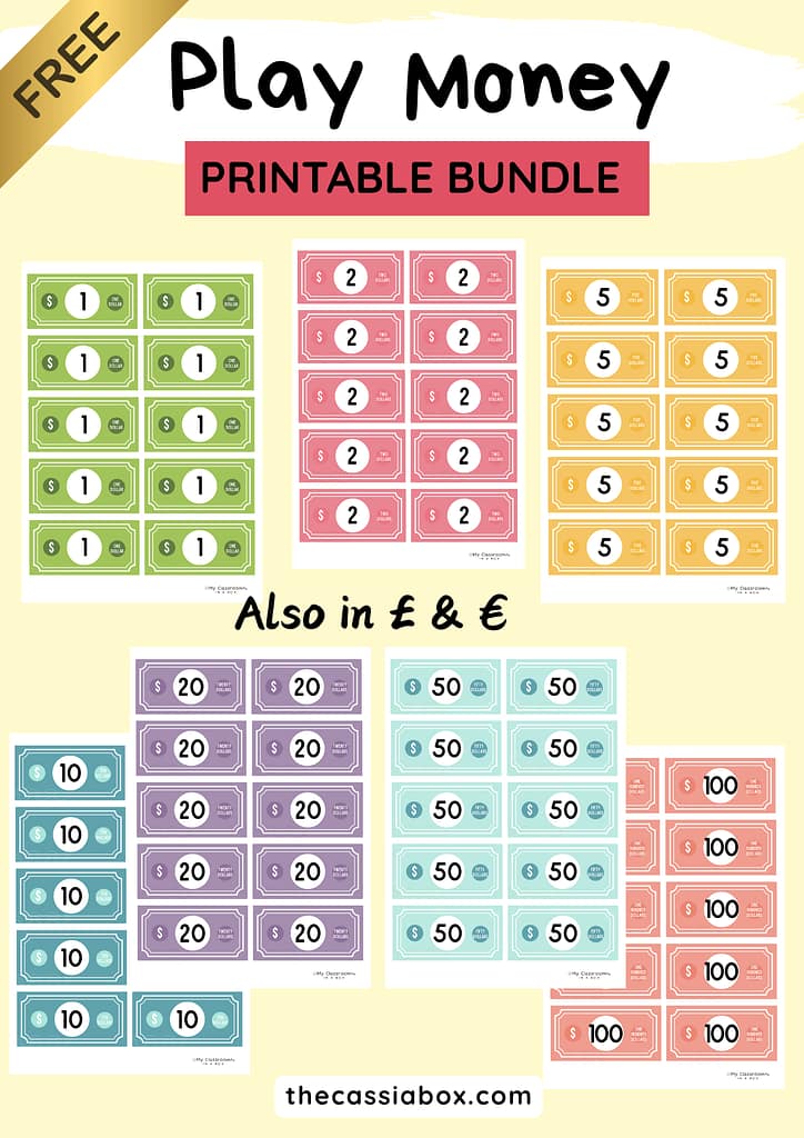 Play Money FREE Printable - Dollars, Pounds and Euros - The Cassia Box